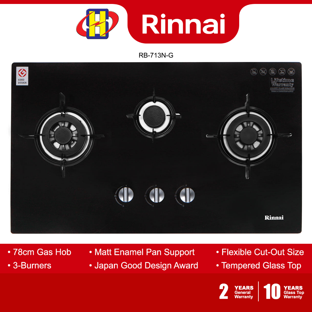 Rinnai Built-In Hob (78CM/3.7kW) 3-Burner Matt Enamel Tempered Glass ...