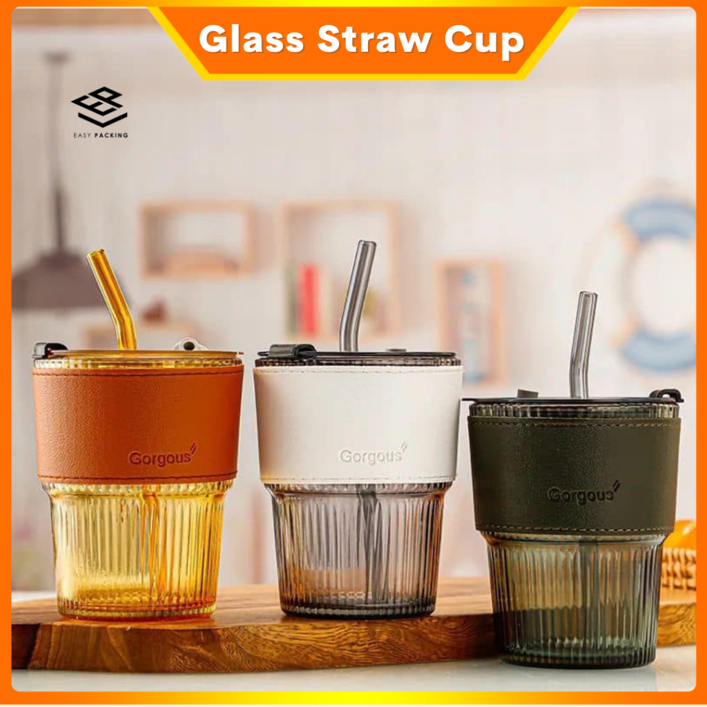 Glass Straw Cup with Lid Heat Cold Resistant Iced Water Bottle Coffee ...