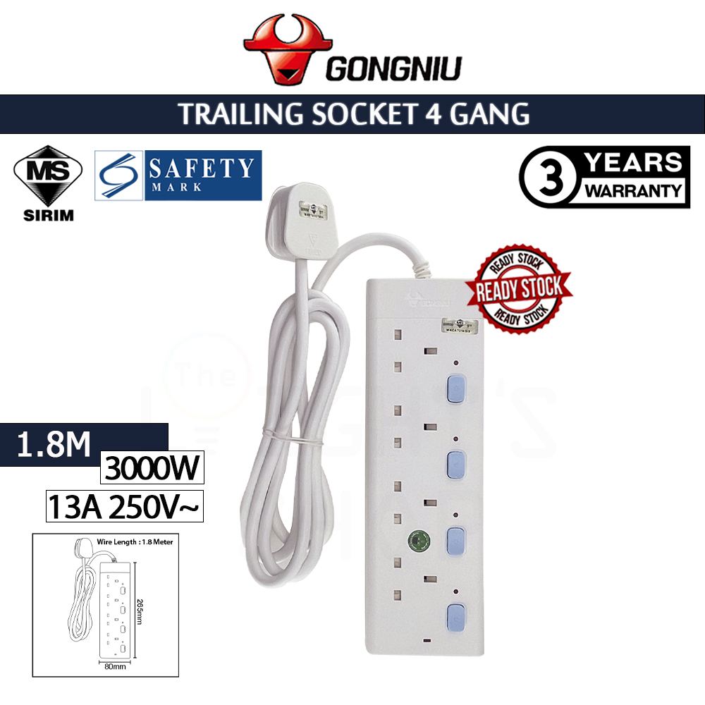 Gongniu Trailing Socket 4 Gang 1 8meter E3040 18 Bull Basic Type Sirim Extension Socket Cord
