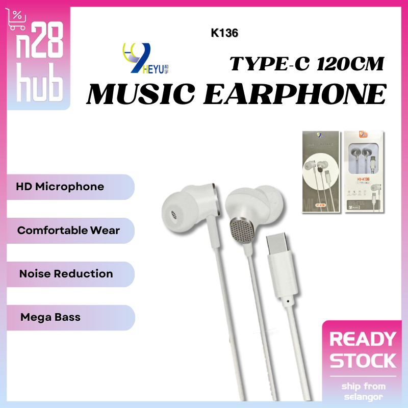 HEYU Type C Earphone Earbud With Mic 1.2 Meter HiFi Sound HD Bass Noise ...