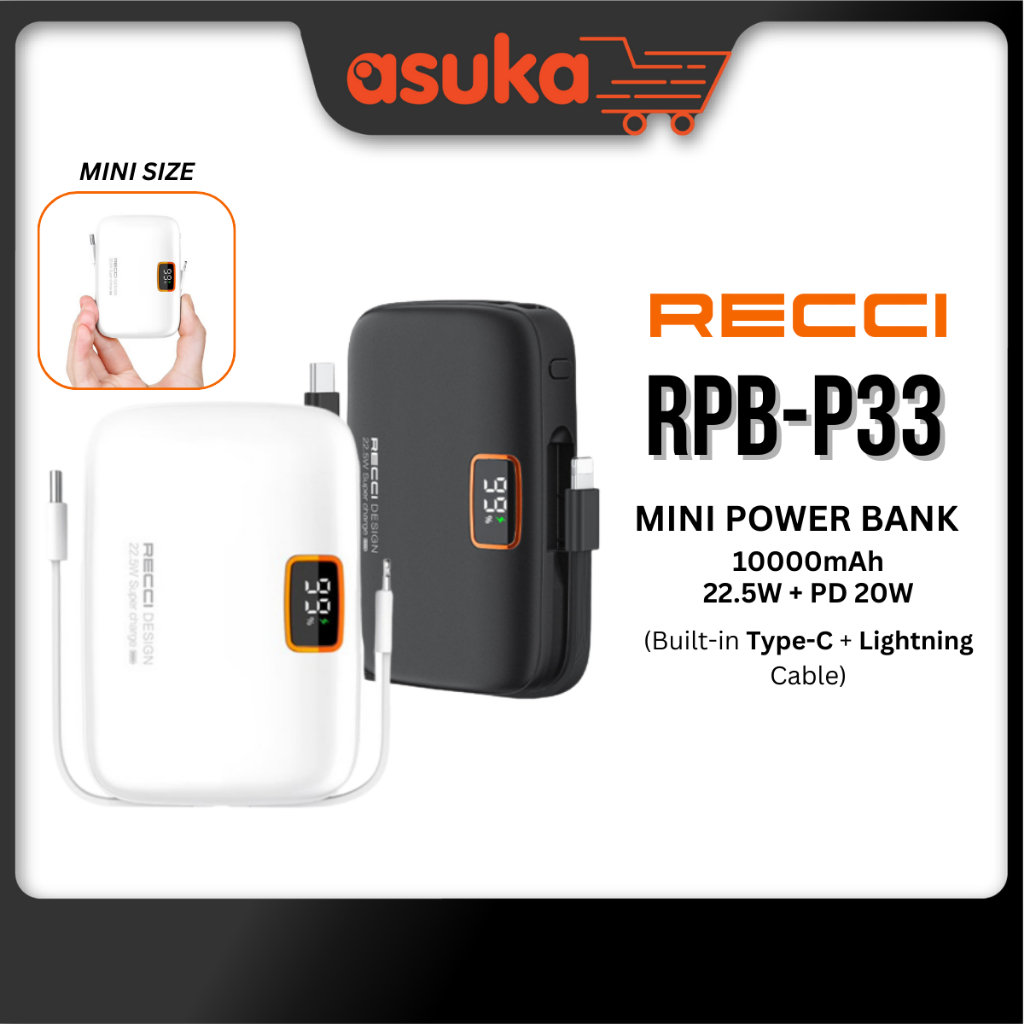 Recci P33 Black / White 10000mAh 22.5W + PD 20W Mini Power Bank (Built-in Type-C + L Cable ...