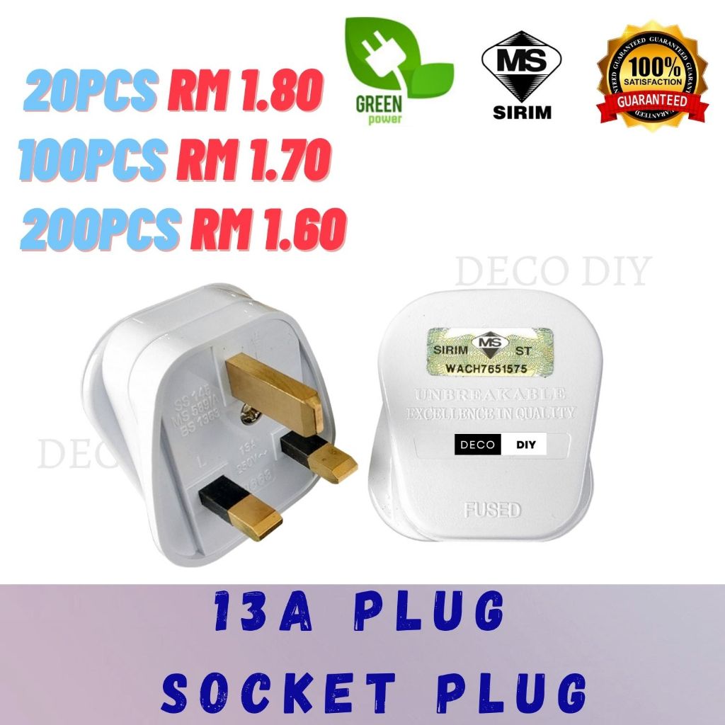SIRIM 13A White Plug Top Made in Malaysia 3 Pin Style UK Design Safety Unbreakable Fused Kepala ...