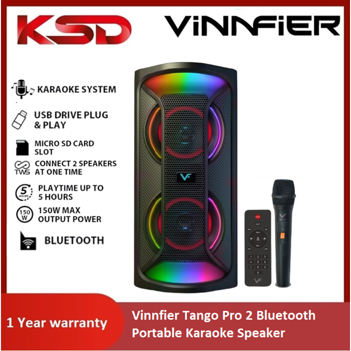Vinnfier Tango Pro 2 Karaoke Potable Bluetooth Speaker 150W Max with 1 Wireless Microphone TWS ...