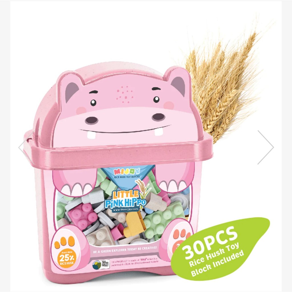 MIJOY Rice Husk Toy Blocks with Pink Hippo Animal Storage Box (30pcs ...
