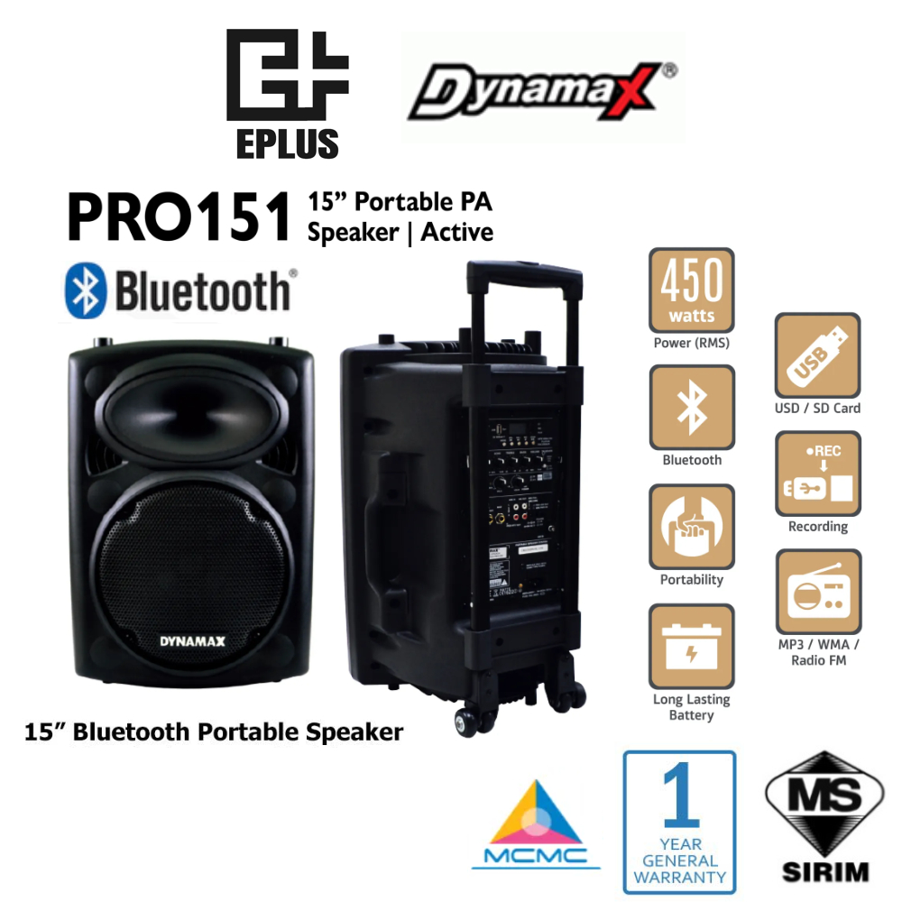 MCMC APPROVED DYNAMAX PRO151 15" Bluetooth Portable PA System with 2 ...