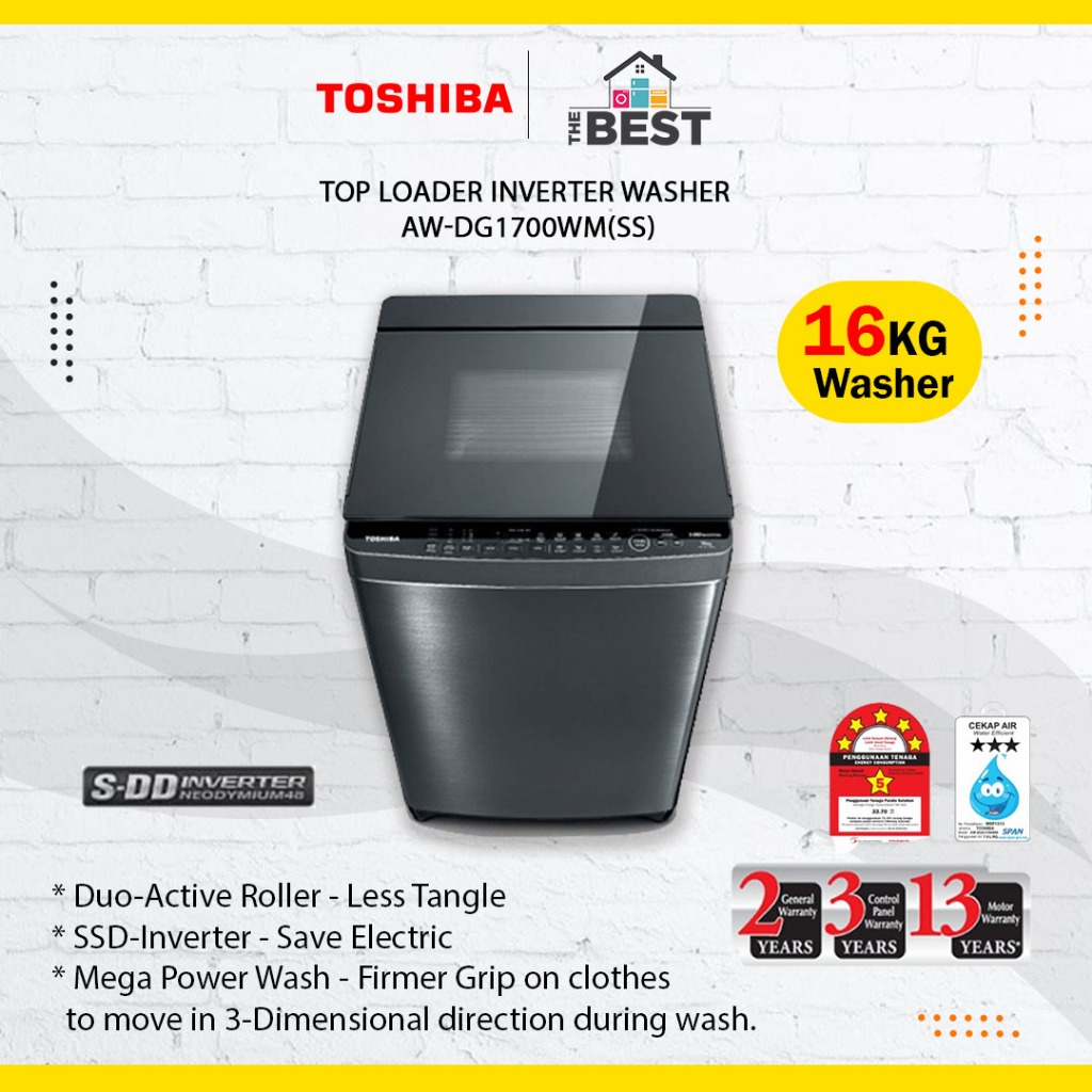 TOSHIBA (7KG 8KG 9KG 10.5KG 13KG 14KG 16KG) Top Load Fully Auto Washer AW-DG1700WM(SS) AW ...