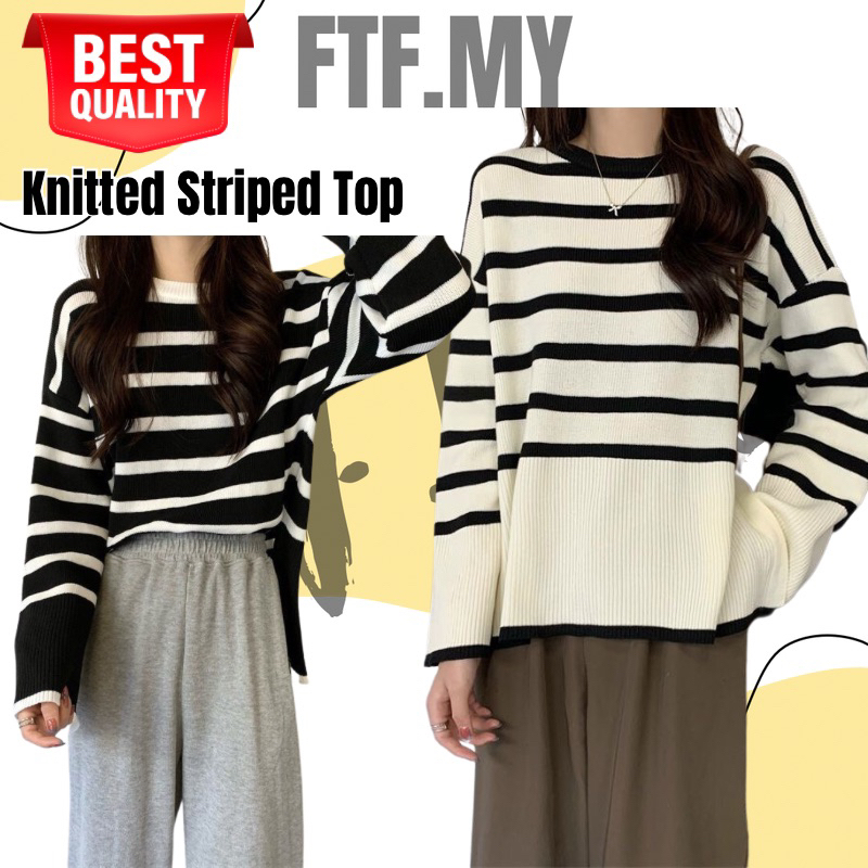 Women Ladies Korean Style Striped Knitted Sweater Women Long Sleeve ...
