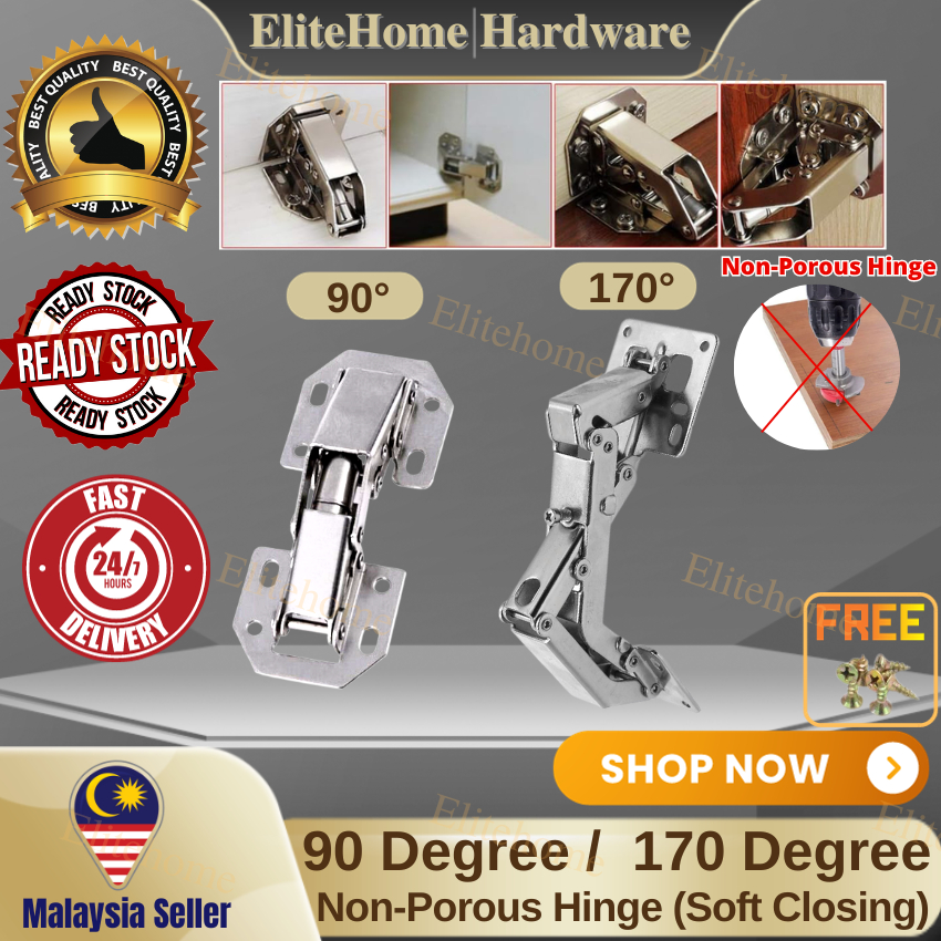 【EliteHome】(1 Pc) (Soft Closing) 90°/170° Non-porous Hinge Non Drilling ...