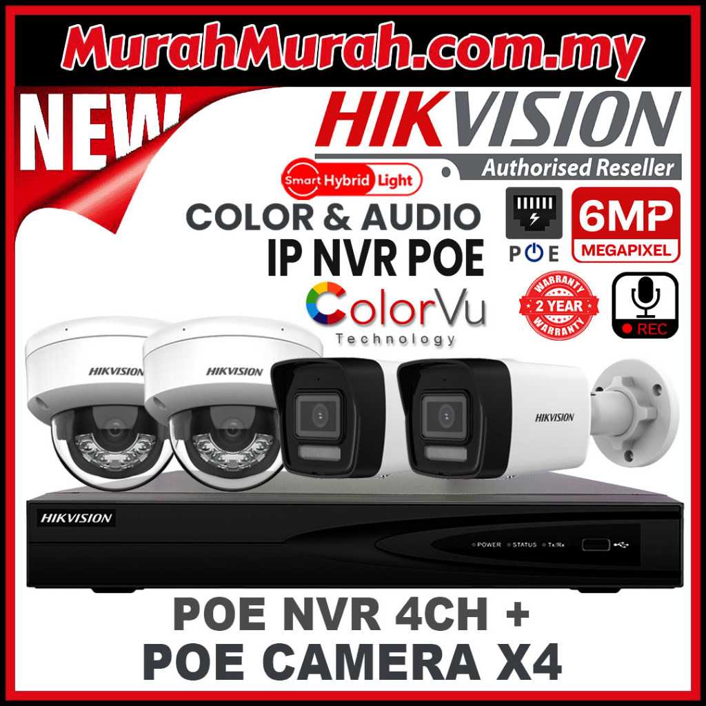 HIK HIKVISION 🌟4 Channel🌟 6.0MP Smart Hybrid Light POE + COLORVU + MIC ...