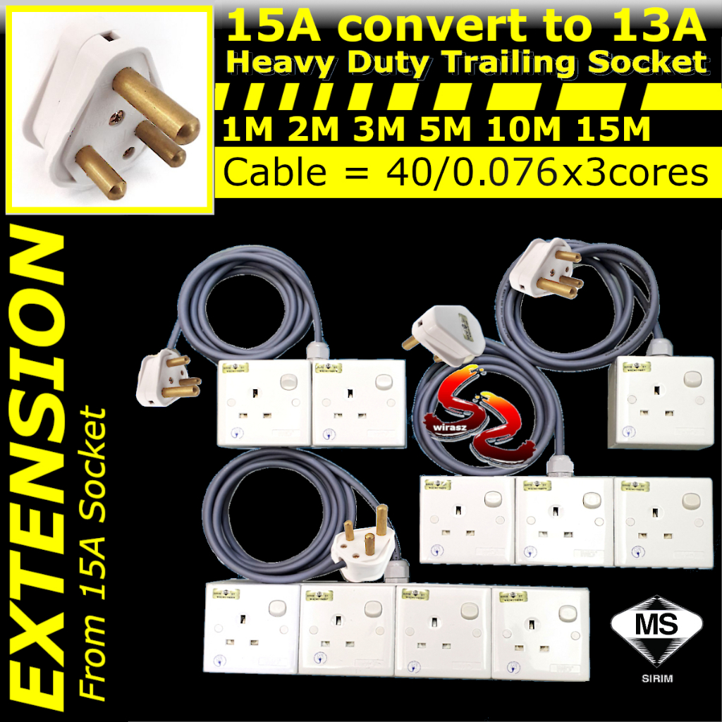 3 Meters 15A to 13A Multi Way Heavy Duty Trailing Power Extension ...