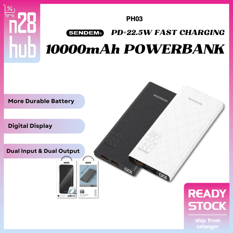 SENDEM 10000mAh Power Bank PD22.5W Fast Charge Digital Display Portable ...