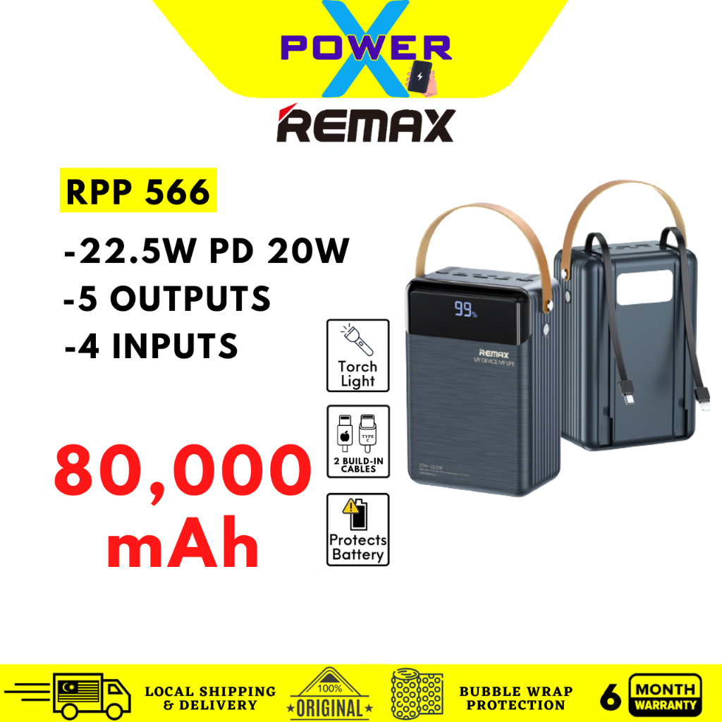 REMAX RPP-566 80000mAh Powerbank 5 Outputs 4 Inputs 22.5W + 20W Fast Charging With 2 Built-In ...