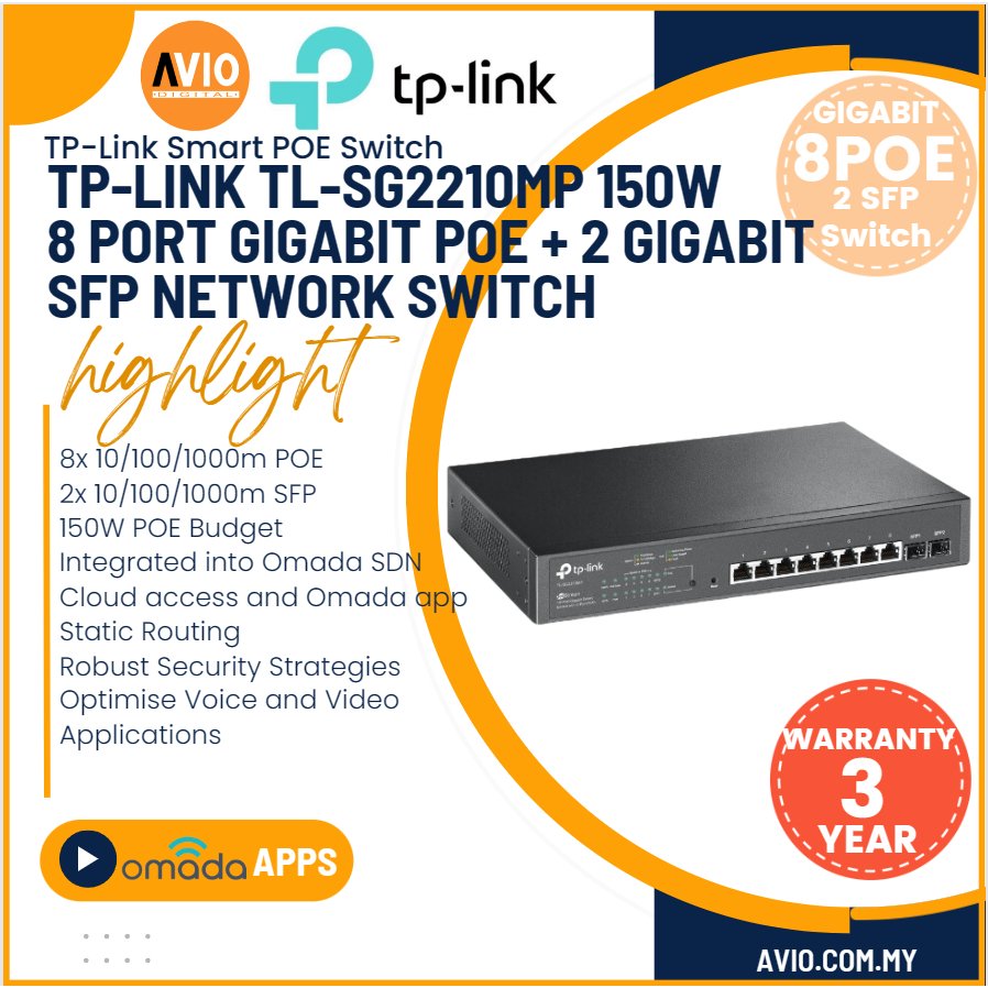 TP-LINK 8 Gigabit POE +2 SFP IP Network Managed POE Switch 8 Port 10/100/1000m POE 2 TL-SG2210MP ...