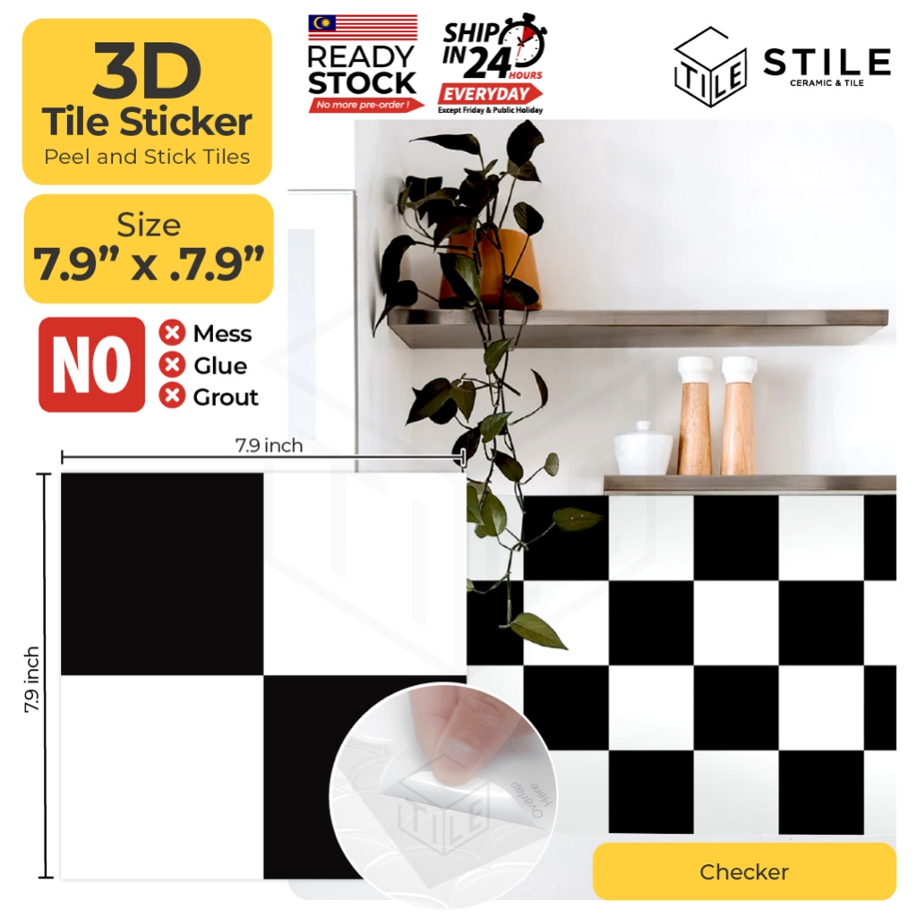 Checker 3D Tiles Sticker Kitchen Bathroom Wall Tiles Sticker Self ...