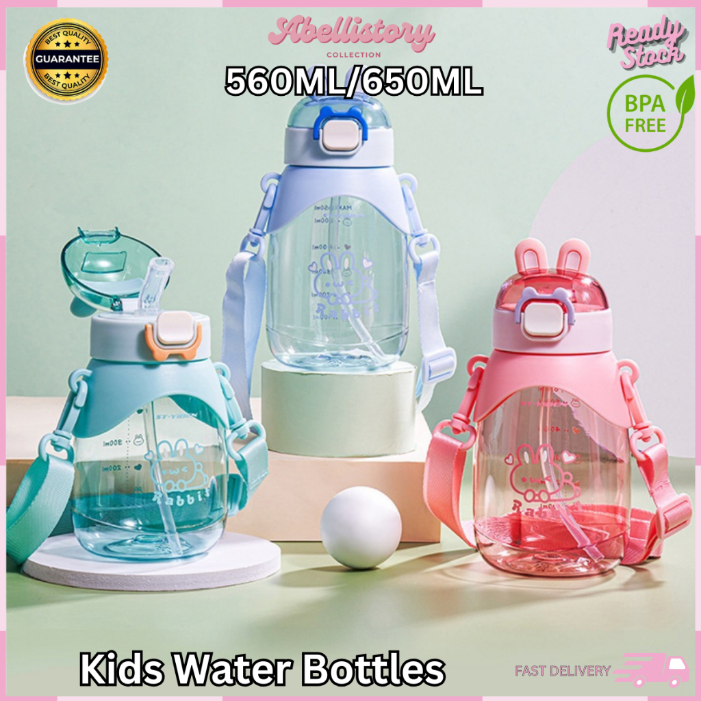 650ML Kids Water Bottle Cute Cartoon Drinking Bottle with Straw and Strap BPA Free Botol Air ...