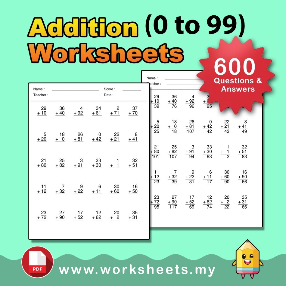 IGCSE Mathematics Worksheets: Addition Worksheets (0-99) 2400 Q+A ...