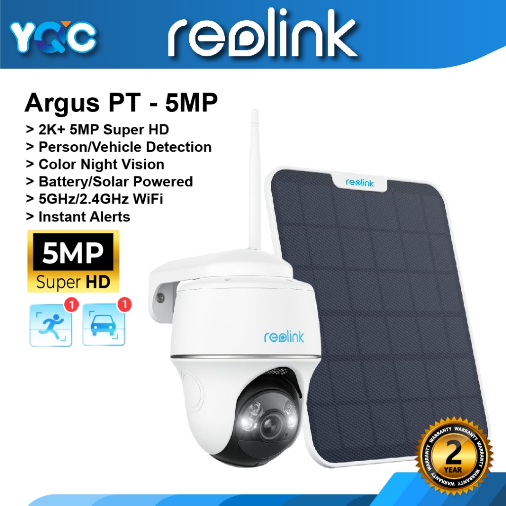 Reolink Argus PT 2K+ 5MP Smart Wire-Free Pan Tilt Solar Powered, 5MP 2K+ Color Night Vision, 2.4 ...