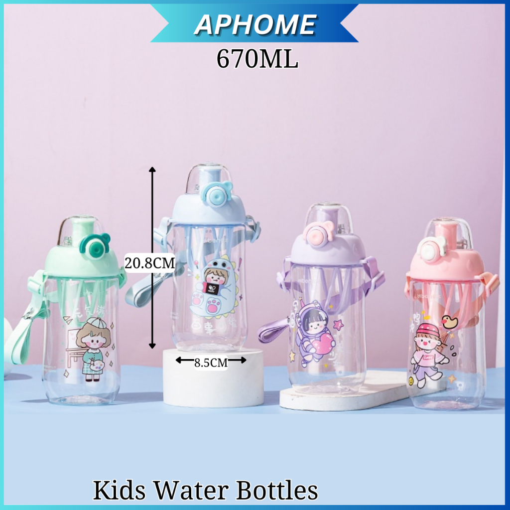 670ML Kids Water Bottle Cute Cartoon Drinking Bottle with Straw and Strap BPA Free Botol Air ...