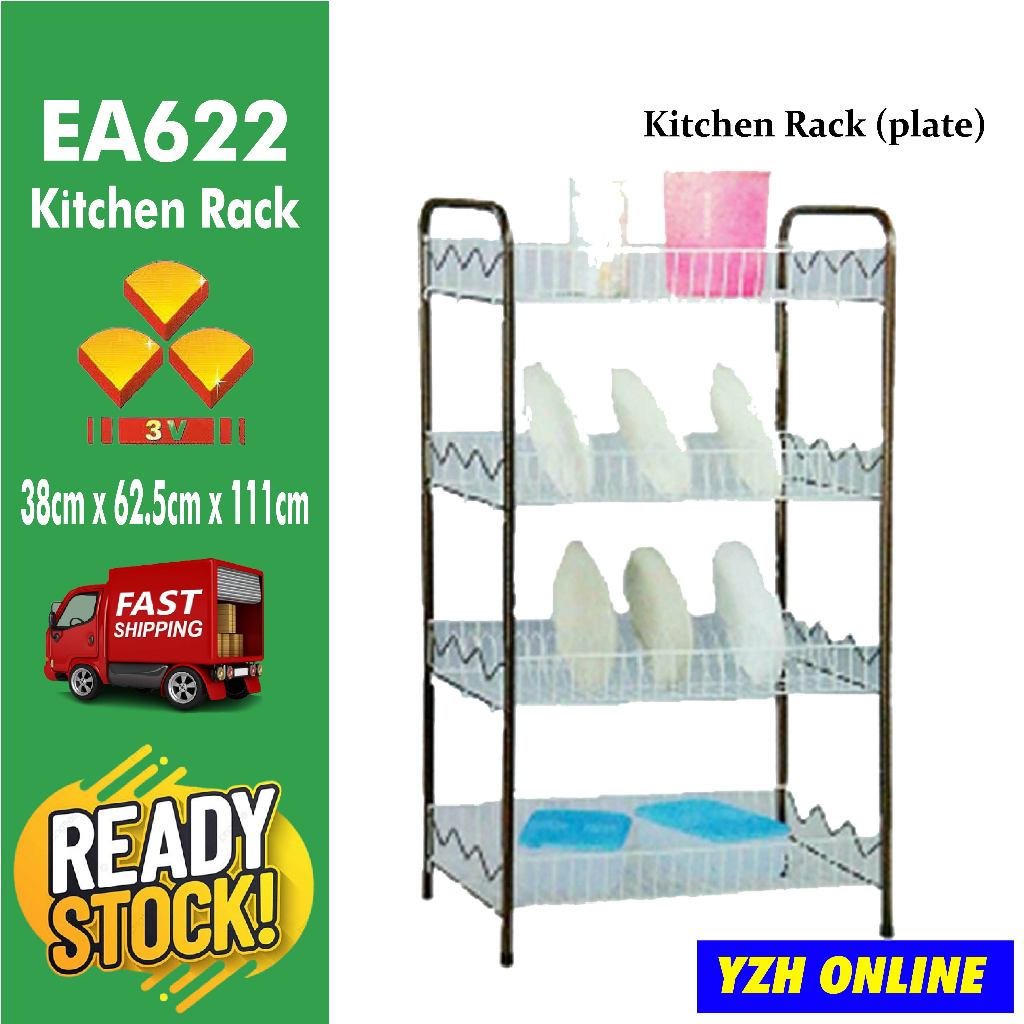 3V Kitchen Rack 4-Tier Epoxy Steel Dish Plate Rack /Rak Pinggan Mangkuk ...