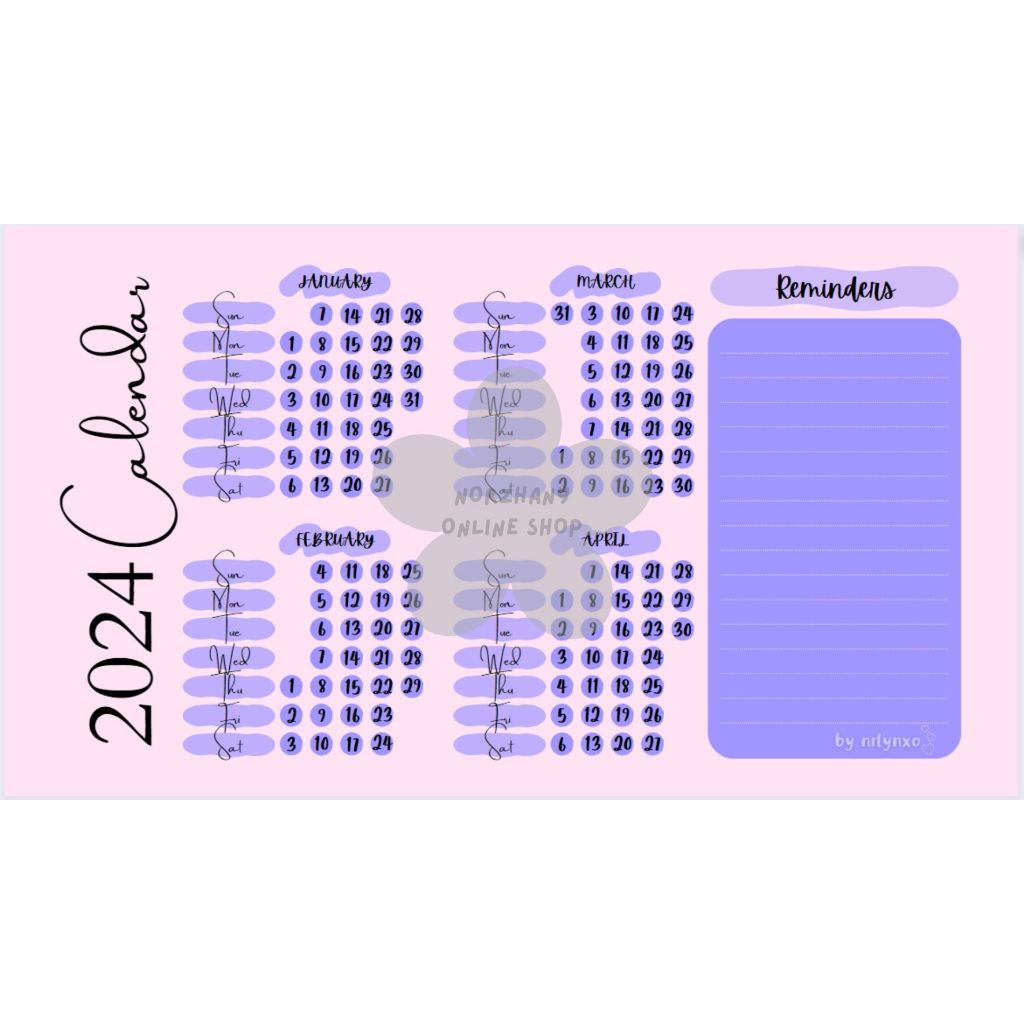 2024 CALENDAR CODE C02-2024 SOFTCOPY SUITABLE FOR JOURNAL BOOK PURPLE ...
