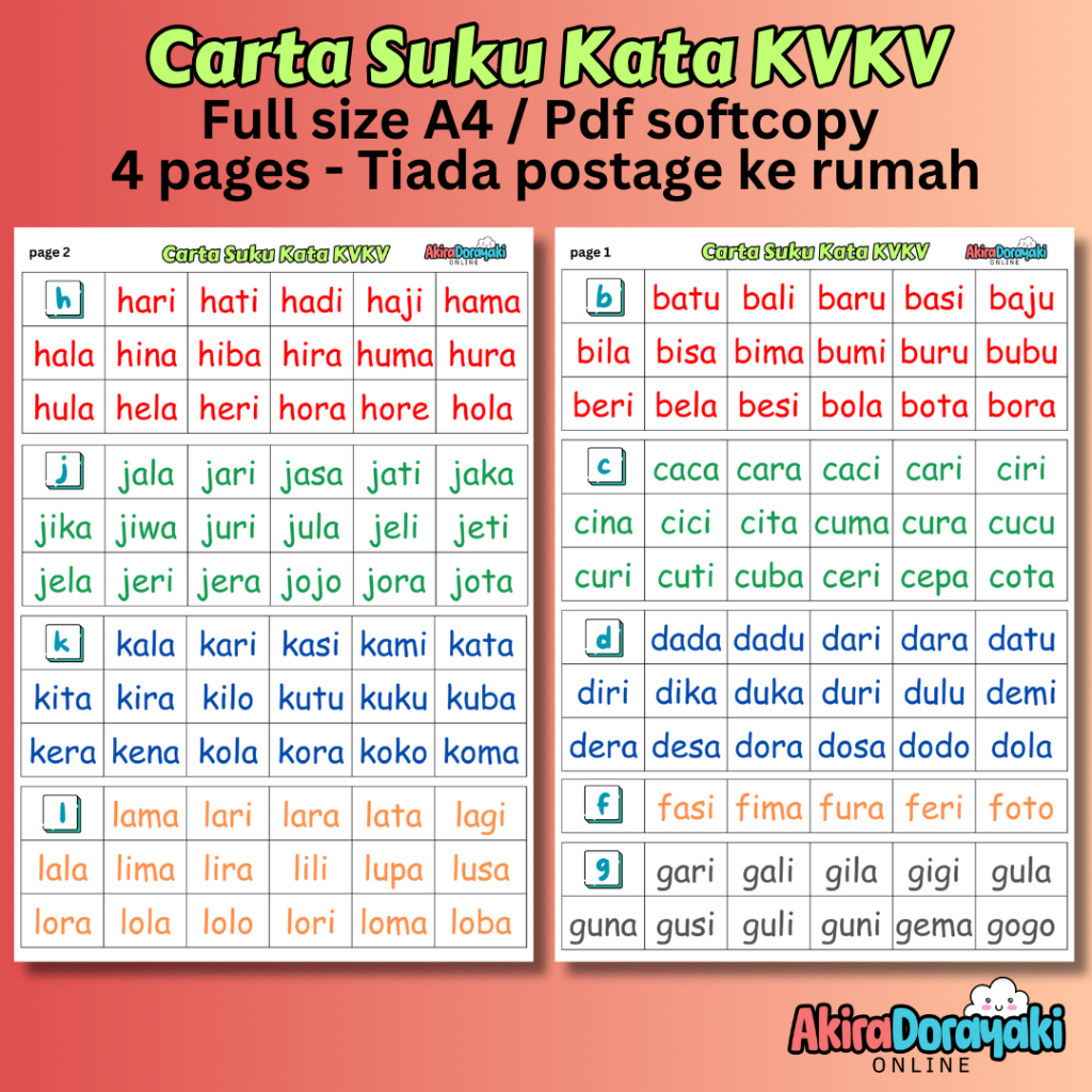 PDF softcopy KVKV Carta Suku Kata Print sendiri Latihan Membaca pra sekolah | Shopee Malaysia