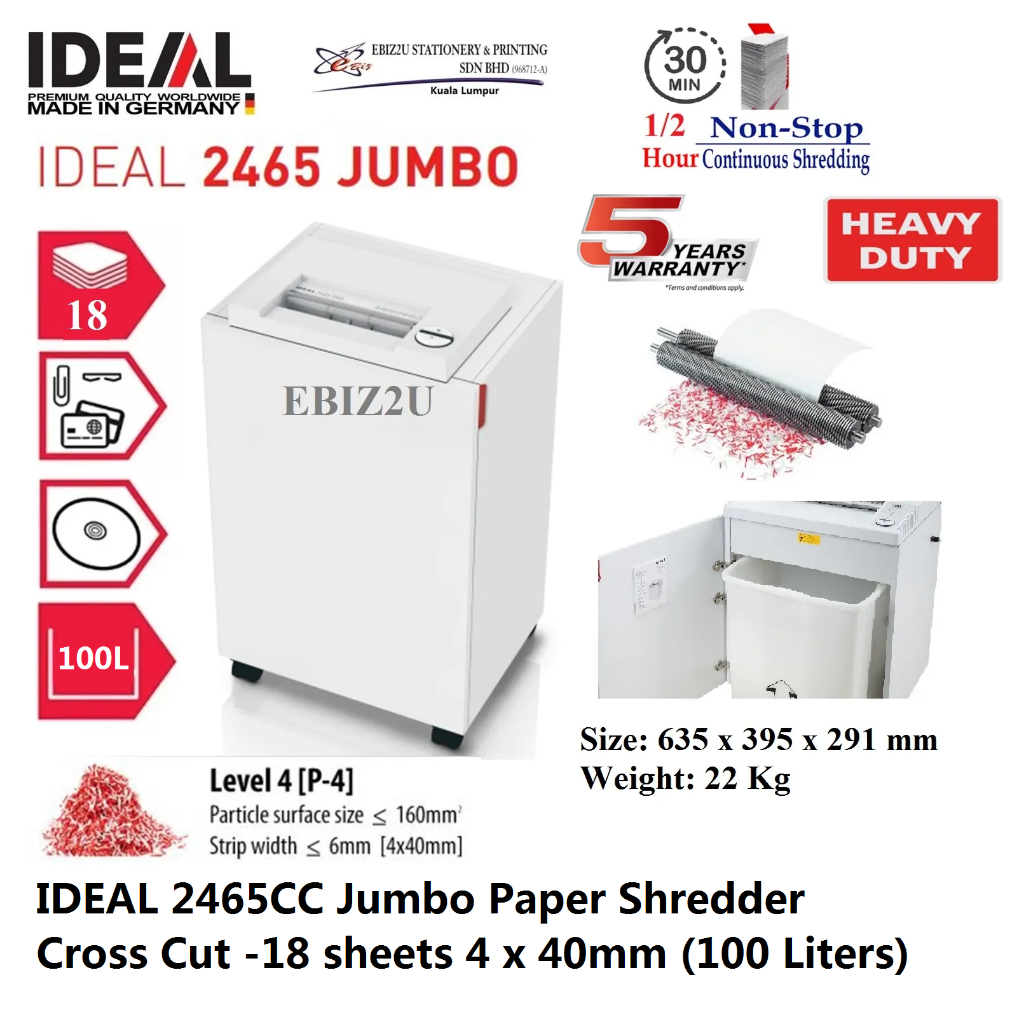 IDEAL 2465 CC 4x40mm Jumbo Heavy Duty Paper Shredder Cross Cut -18 ...