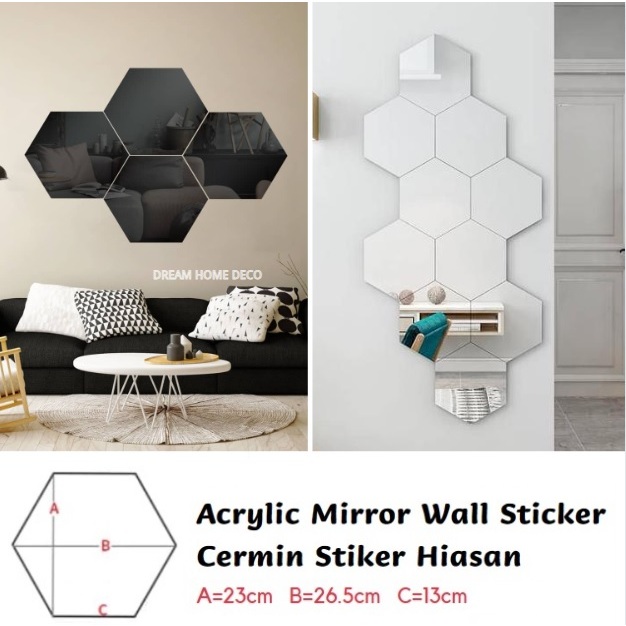 Pelekat Cermin Akrilik Heksagon / Hiasan Stiker Cermin / Hexagonal ...