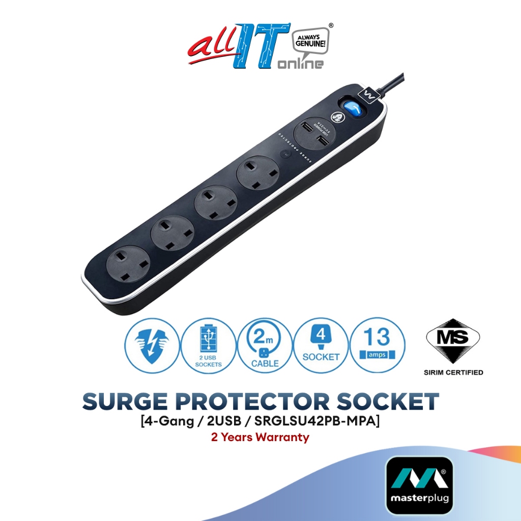 Masterplug Surge Protector 4 Gang 2 USB (3.1A) 2 Meter Extension Leads ...