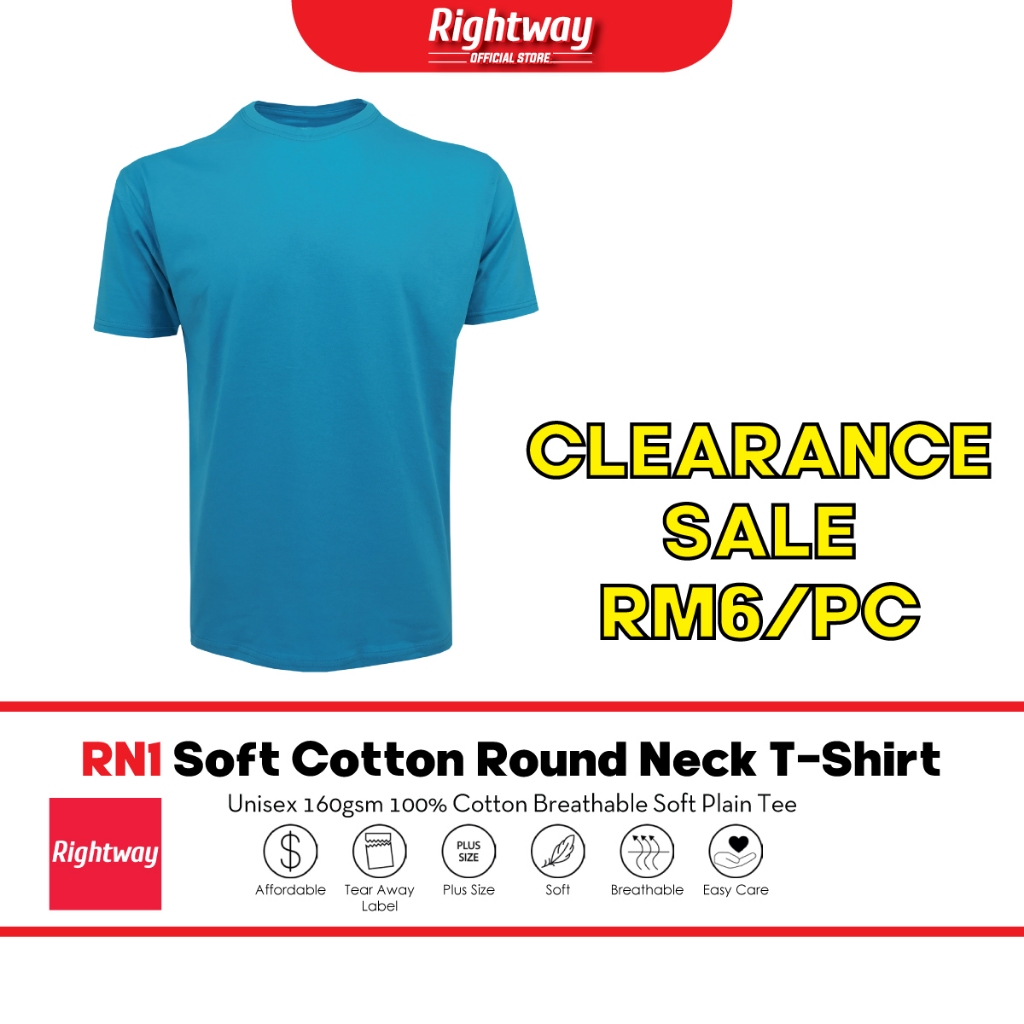 RIGHTWAY Clearance Soft Touch Cotton Round Neck T-Shirt Unisex Plain ...