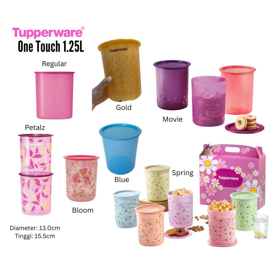 Tupperware One Touch OT Canister 1.25L Blue Pink Petalz Polka Water & Air Tight Food Container ...