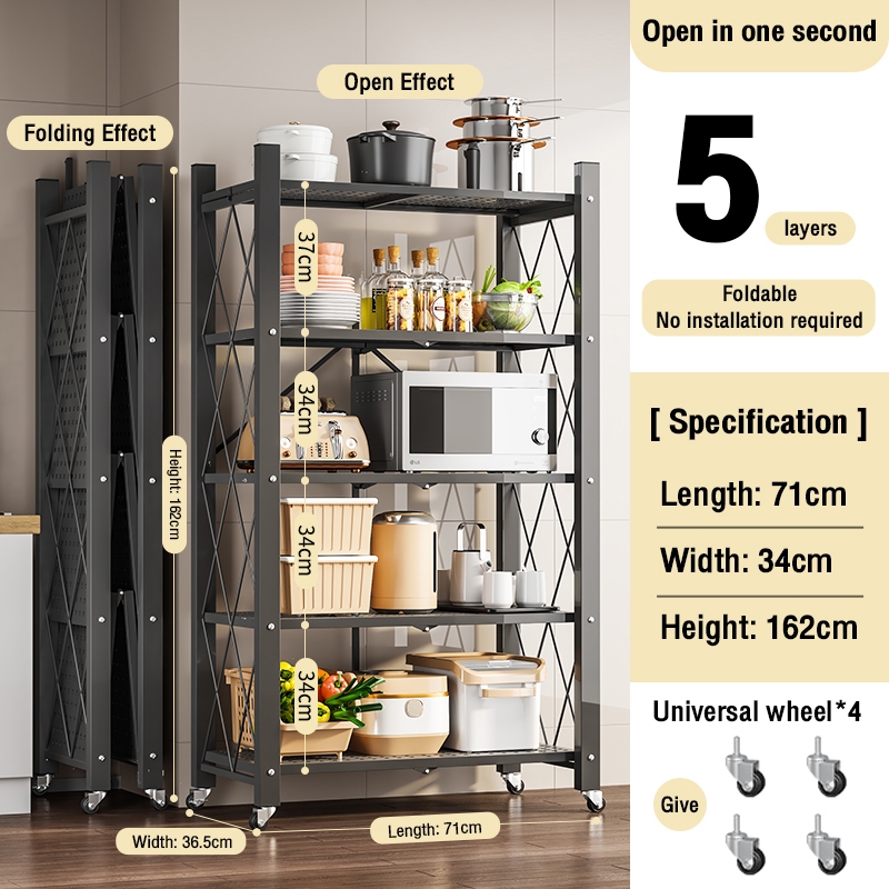 3/4/5 Tier Foldable Storage Rack w/ Wheel Rak Dapur Kitchen Rack ...