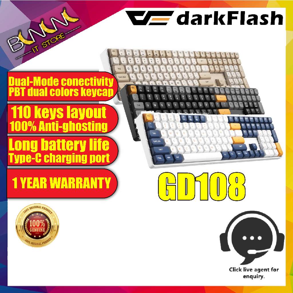 AIGO DARKFLASH GD108 WIRELESS MECHANICAL KEYBOARD | Dual-Mode conectivity | PBT dual colors ...