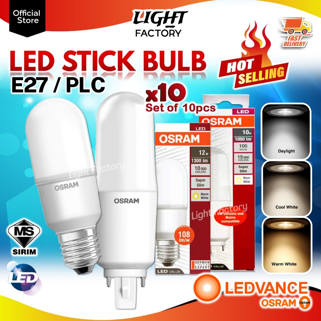 [SET 10pcs] OSRAM 10W 12W 15W LED STICK BULB E27 || PLC BULB G24 Light Bulb Daylight / Coolwhite ...