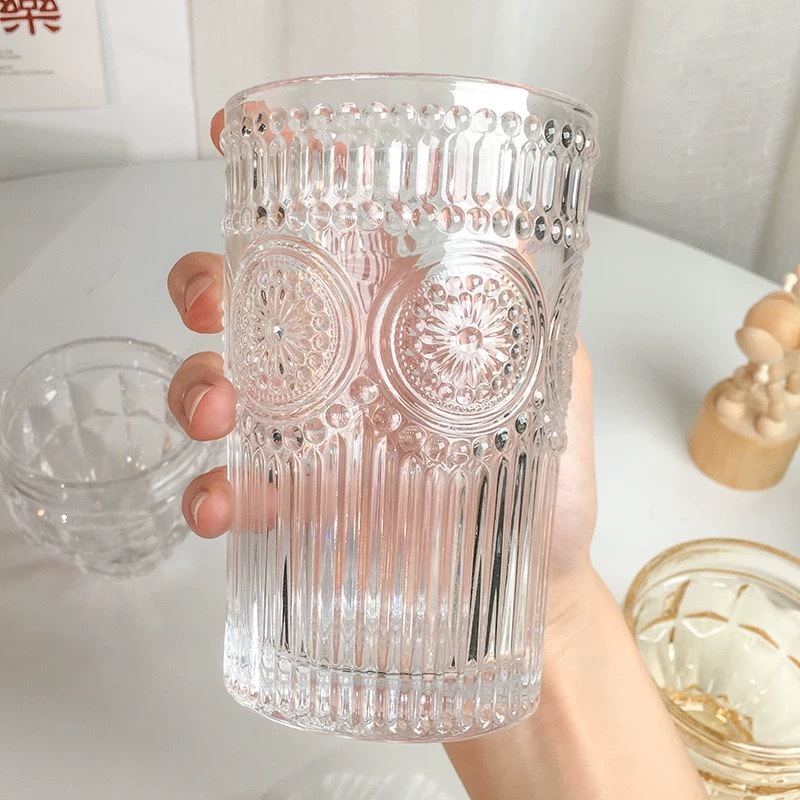 INS Vintage Glass Cup Coffee Cup / Embossed Sunflower Drinking Cup ...