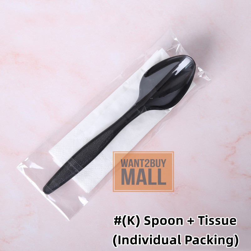 🇲🇾 🏆 3 in 1 Premium Individual Pack Black Spoon Fork Tissue Disposable ...