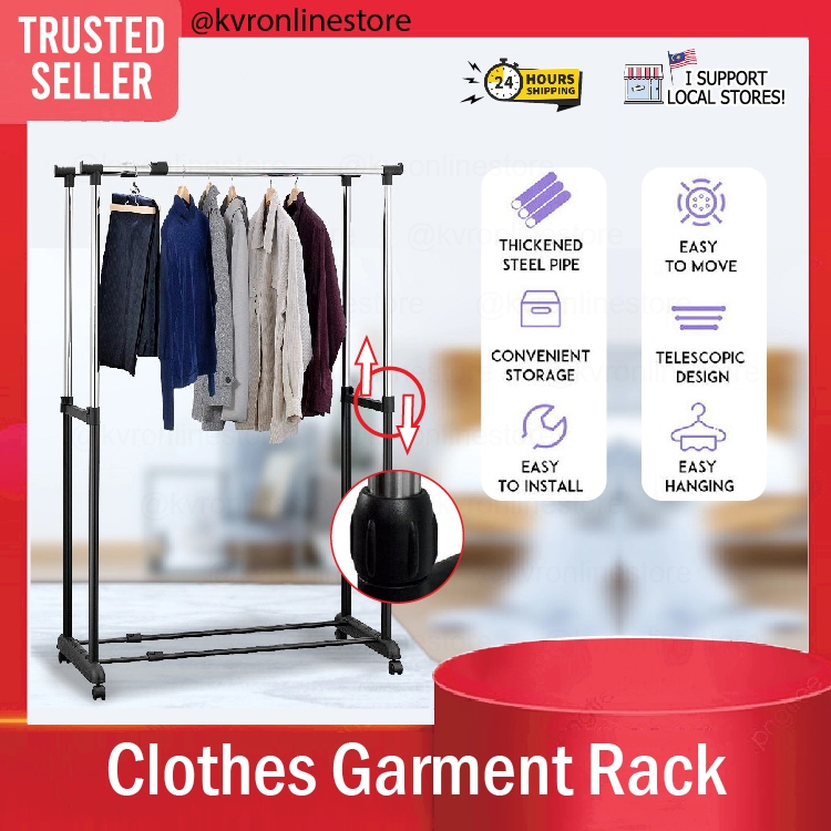 Adjustable Double Pole Clothes Rack Garment Hanging Rail Wheels with ...