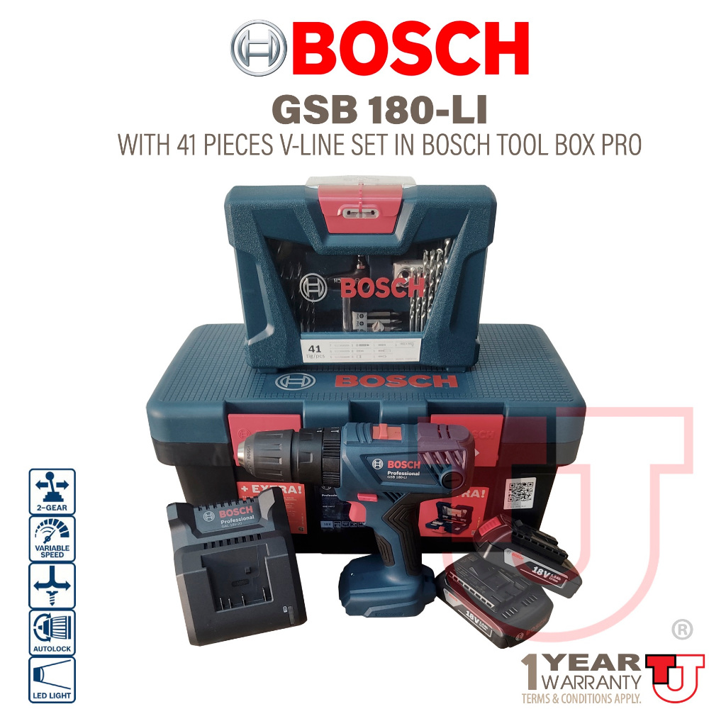 BOSCH GSB 180-LI + 41 PCS ACCESSORIES SET in Bosch Tool Box PRO ...