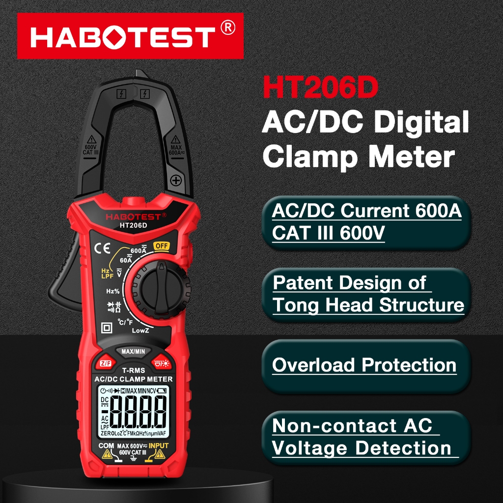 HABOTEST🔥HT206 Pro Digital Clamp Meter 600V Non-contact AC Voltage ...