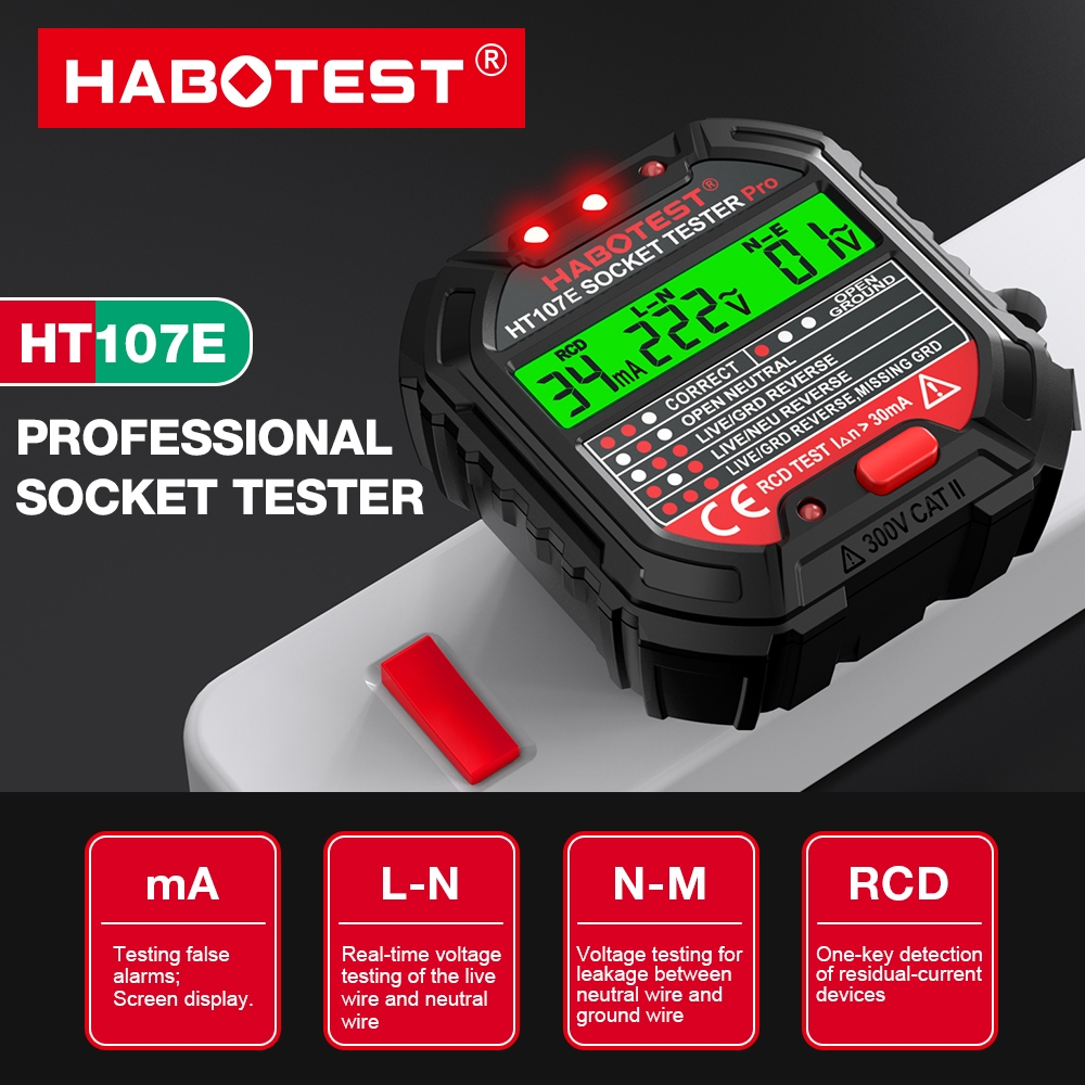 HABOTEST🔥HT107E Socket Tester 48V-250V Plug Checker Earthing Tester ...