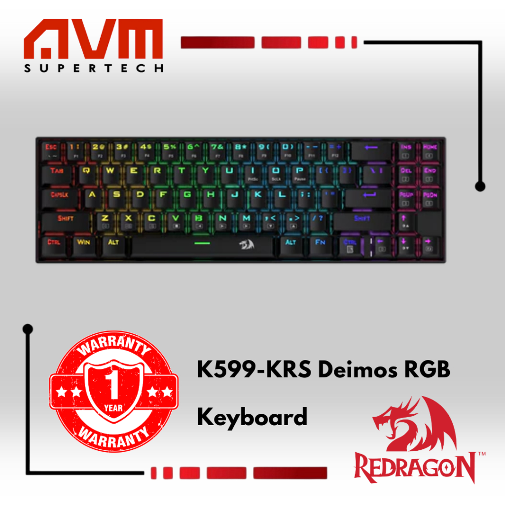 AVM REDRAGON K599-KRS Deimos RGB Backlit 70% Layout Compact Red Switch ...