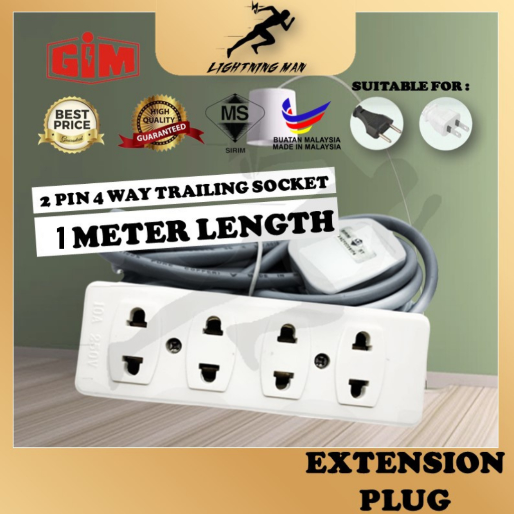 GIM Multi 1 Meter Trailing Socket / 4 Way 2 Pin Extension Socket With ...