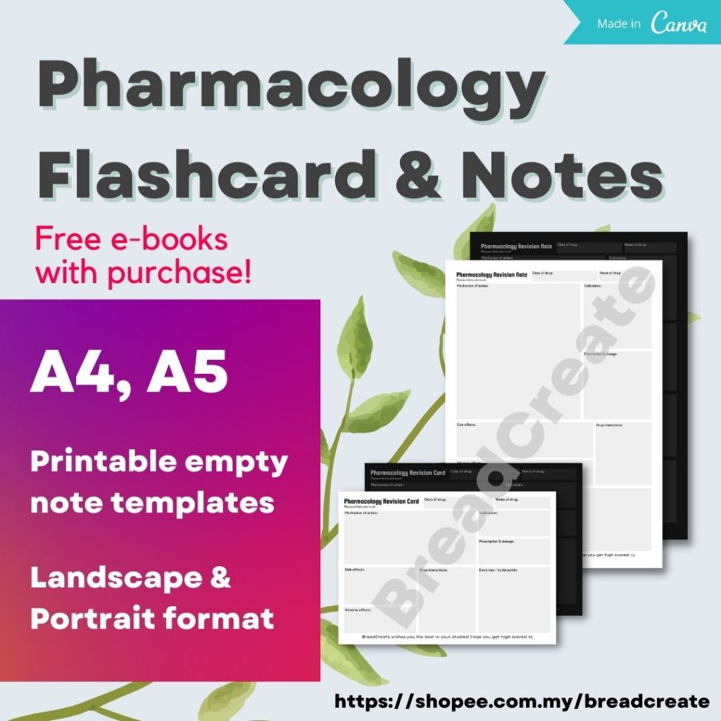 Pharmacology Printable Digital Note Flash Card Template with Free E ...