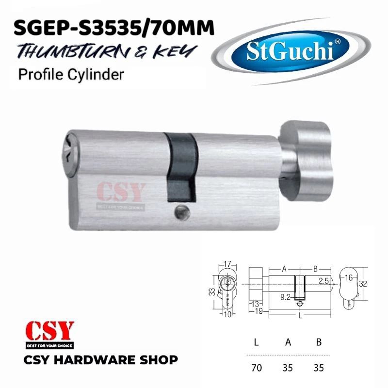 St Guchi Thumbturn & Key Profile Cylinder 70mm /Silinder Profil Euro 70mm dengan Thumbturn ...