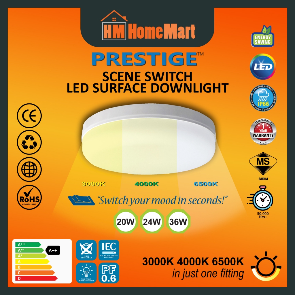 PRESTIGE Scene Switch Led Surface Downlight 20W/24W/36W (Round) (1 Year ...