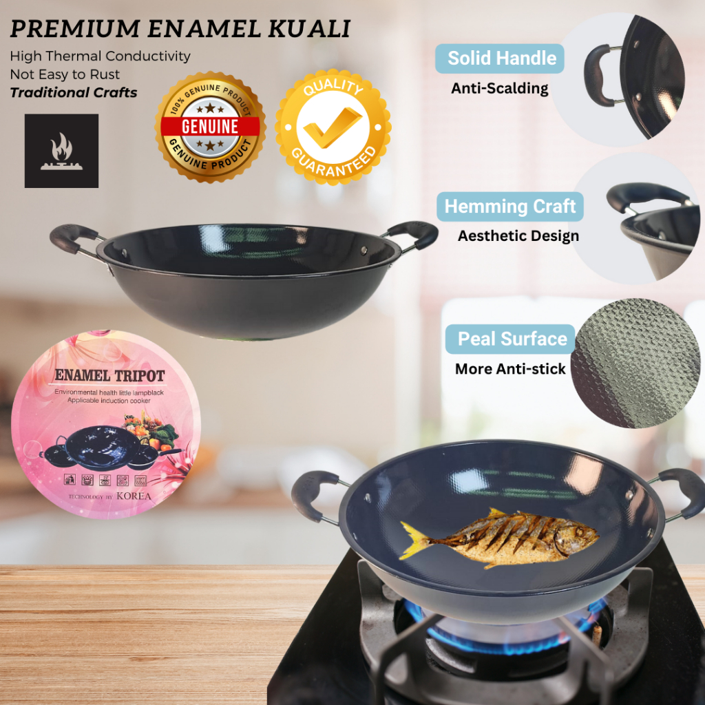 BLACK PAN Enamel /PREMIUM KUIALI HITAM/TRADITIONAL WOK /ENAMEL IRON BLACK WOK/MASAK KUALI/DUOBLE ...
