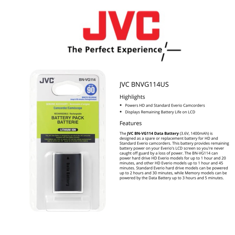 JVC BN-VG114 DATA BATTERY RECHARGABLE BATTERY ORIGINAL (1 YEARS ...