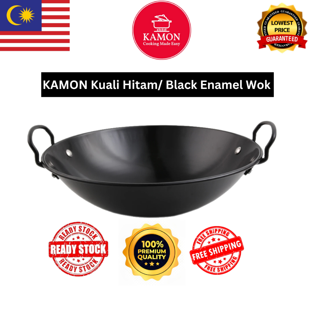 KAMON Kuali Hitam Double handle Enamel Wok Thick Kuali besi Cask Iron ...