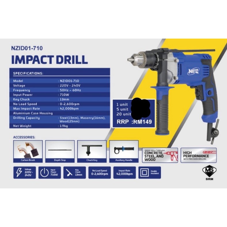 Nietz HEAVY DUTY Impact Drill 710W NZID01-710 *Hammer Drill *Drill ...