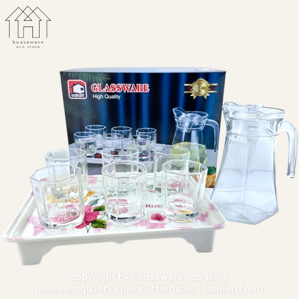 8pcs Glass Jug with Cup & Tray Set / Diamond Jug Air Kaca set /Glass ...