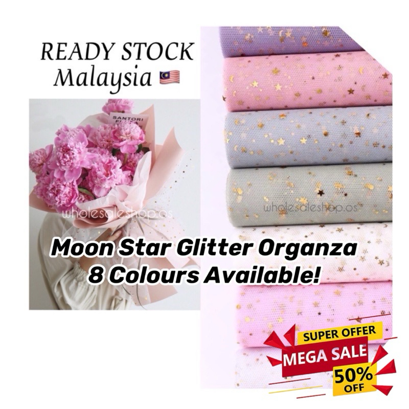 💥Moon Star Netting Flower Mesh Wrapping Roll Golden Stars Shine Raya ...